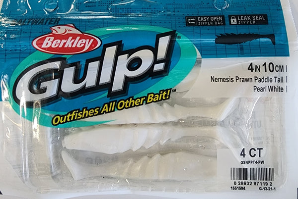 Berkley Gulp Nemesis Prawn Paddle Tail 4" Soft Plastic - Pearl White ...